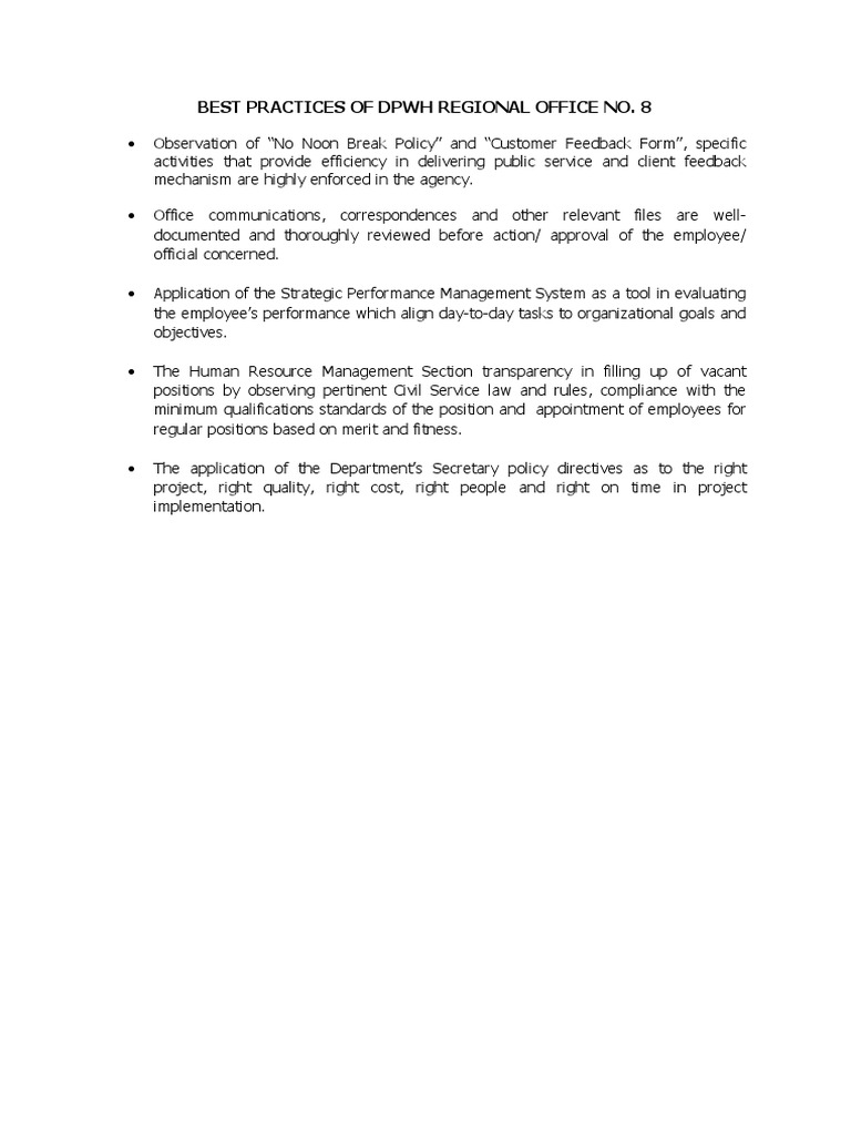 Best Practices of DPWH Regional Office No | PDF