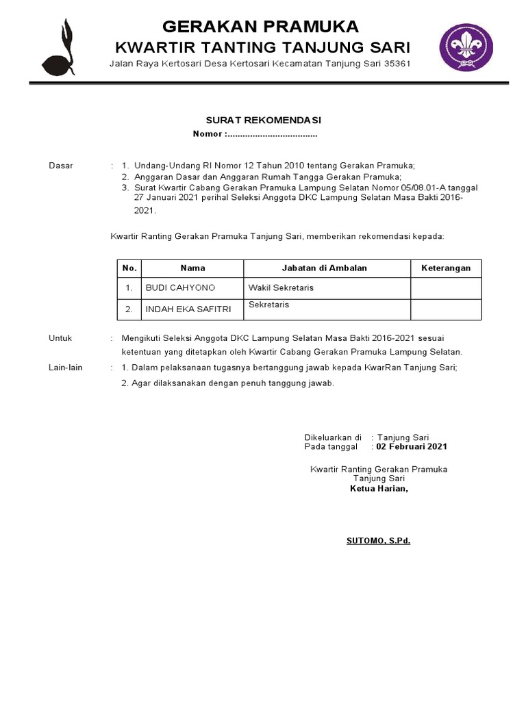 Surat Rekomendasi Seleksi DKC 2021 | PDF