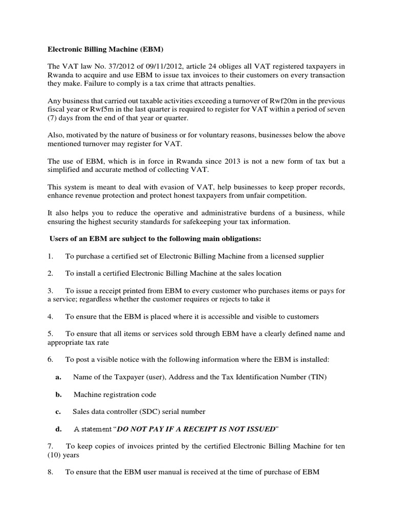 Electronic Billing Machine (EBM) | PDF | Invoice | Value Added Tax
