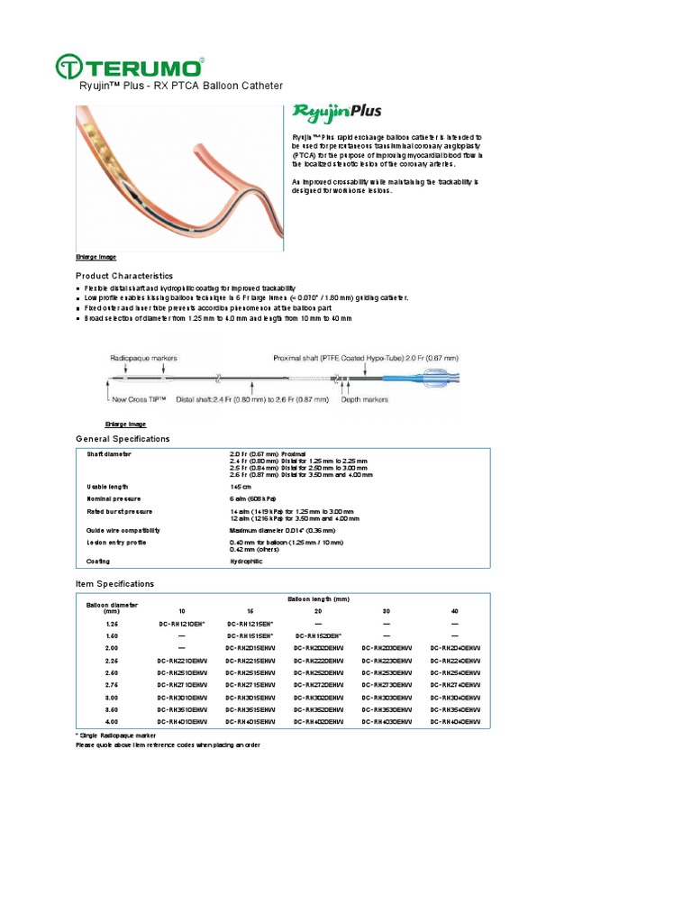 Ryujin™ Plus - RX PTCA Balloon Catheter: Product Characteristics | PDF ...