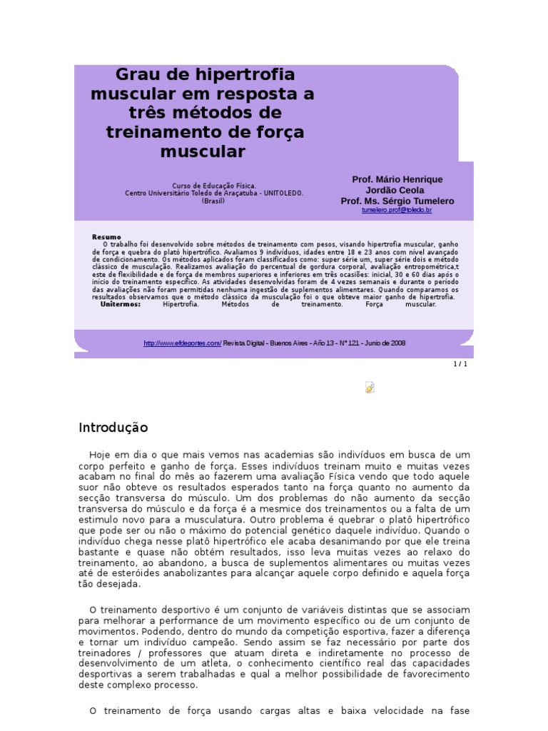Grau de hipertrofia muscular em relação a 3 métodos de força muscular ...
