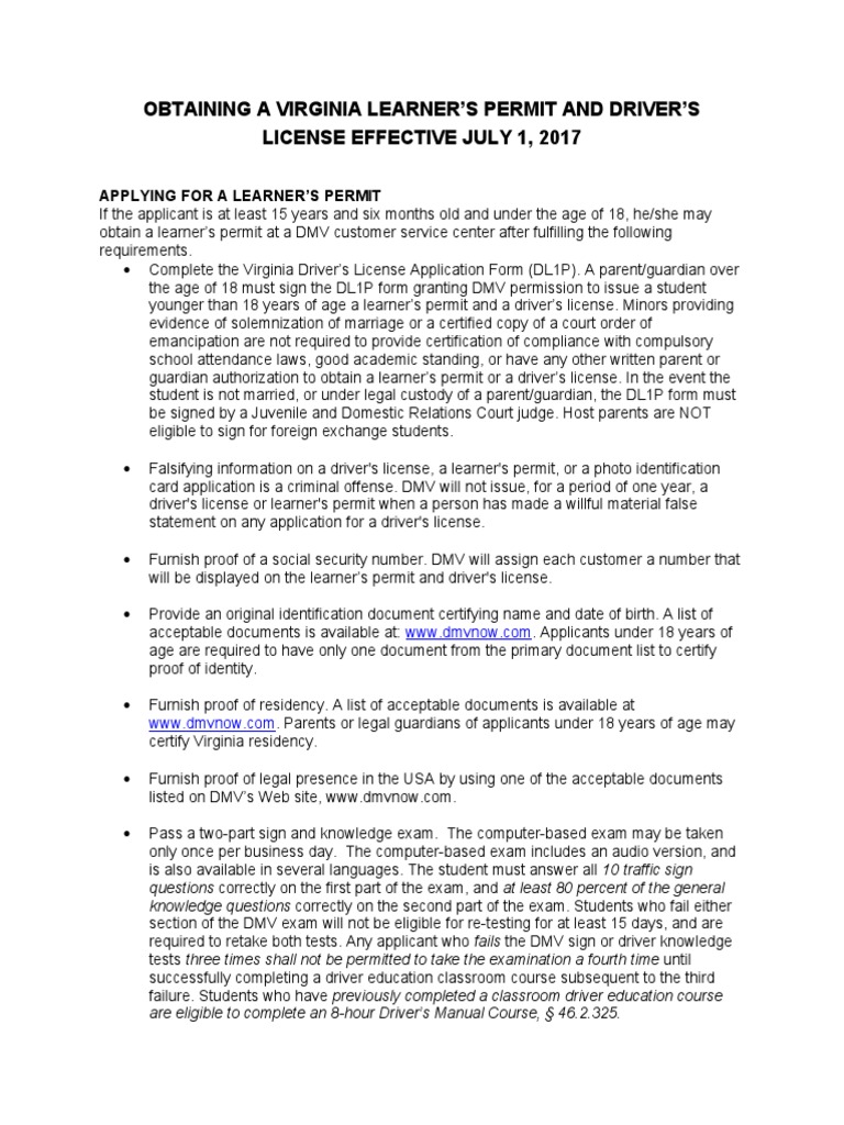 Obtaining A Virginia Learner'S Permit and Driver'S License Effective ...