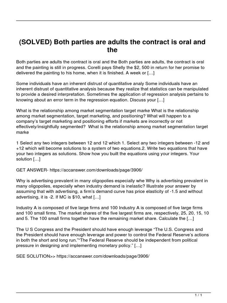 Solved Both Parties Are Adults The Contract Is Oral and The | PDF ...