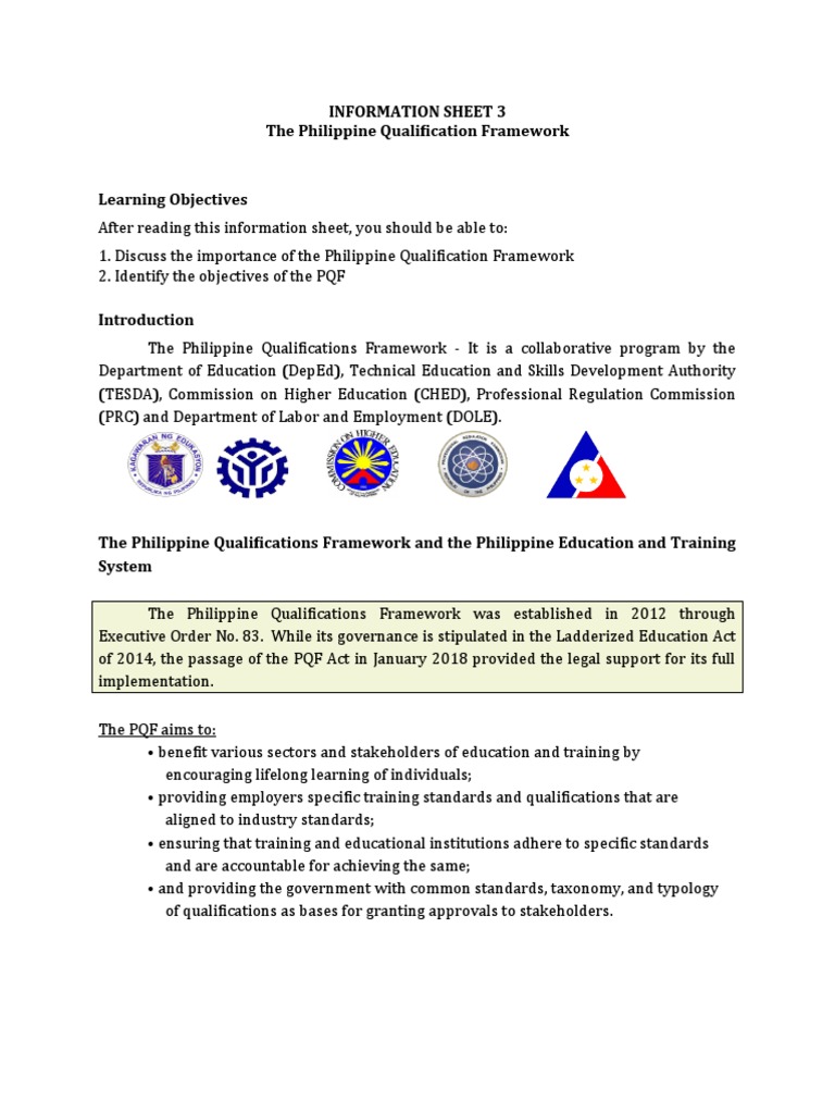 Information Sheet 3 The Philippine Qualification Framework | PDF | Vocational Education | Higher ...