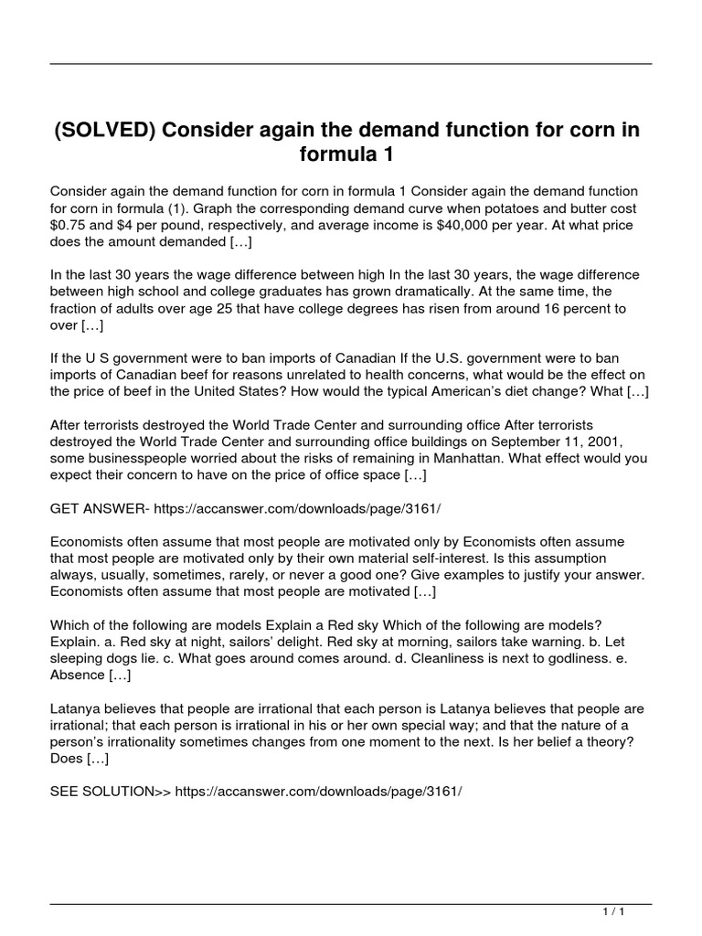 Solved Consider Again The Demand Function For Corn in Formula 1 | PDF ...