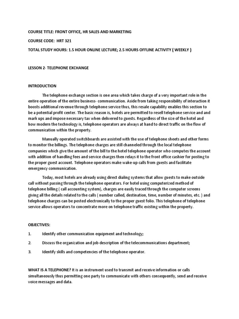 Front Office Lesson 2 | PDF | Long Distance Calling | Telecommunications
