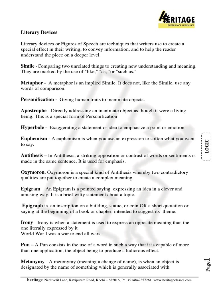 Literary Devices Worksheet with Answers | PDF | Irony | Question