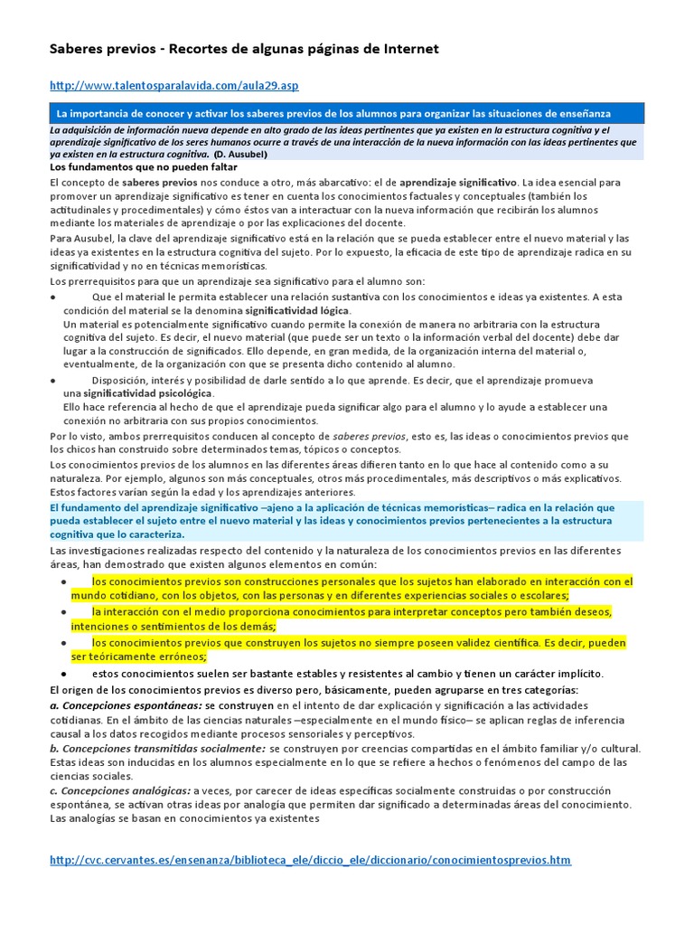 Saberes Previos | PDF | Conocimiento | Aprendizaje