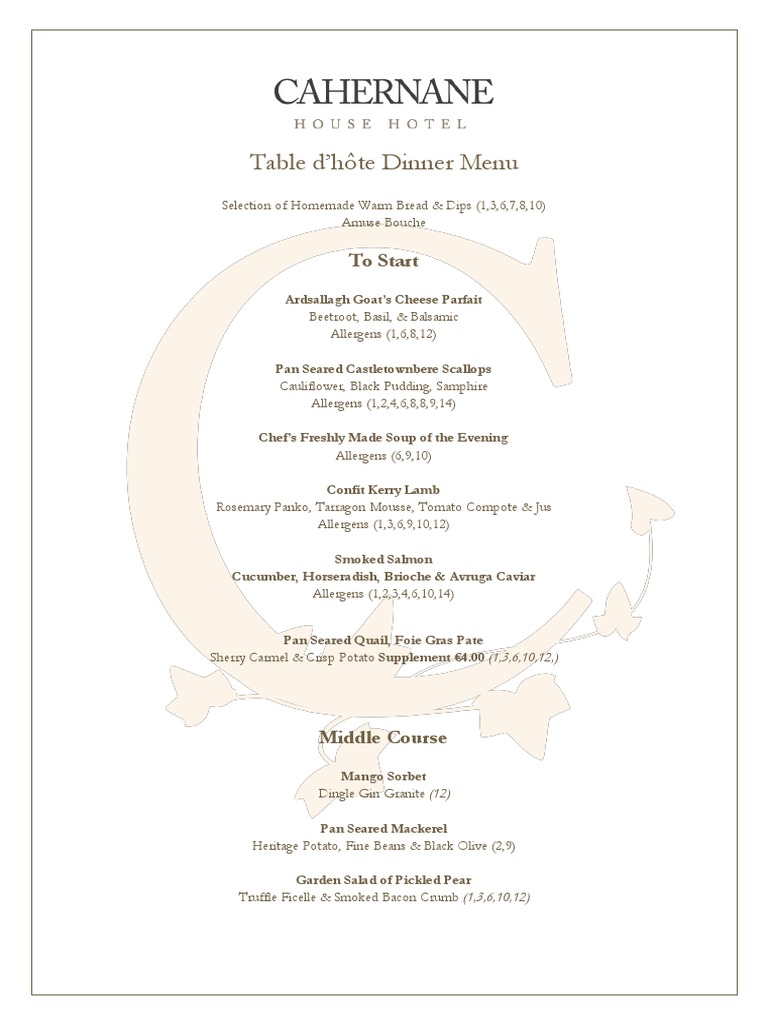 Table D Hote Dinner Menu - Cahernane House Hotel | PDF | Salad | Foods