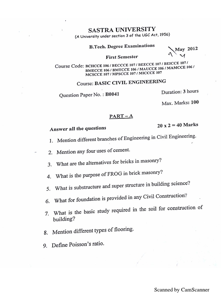 SASTRA University Basic Civil Engineering Question Papers First Year | PDF