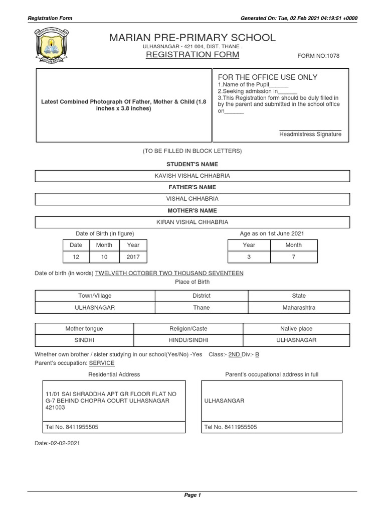 Marian Pre-Primary School: Registration Form | PDF | Government | Justice