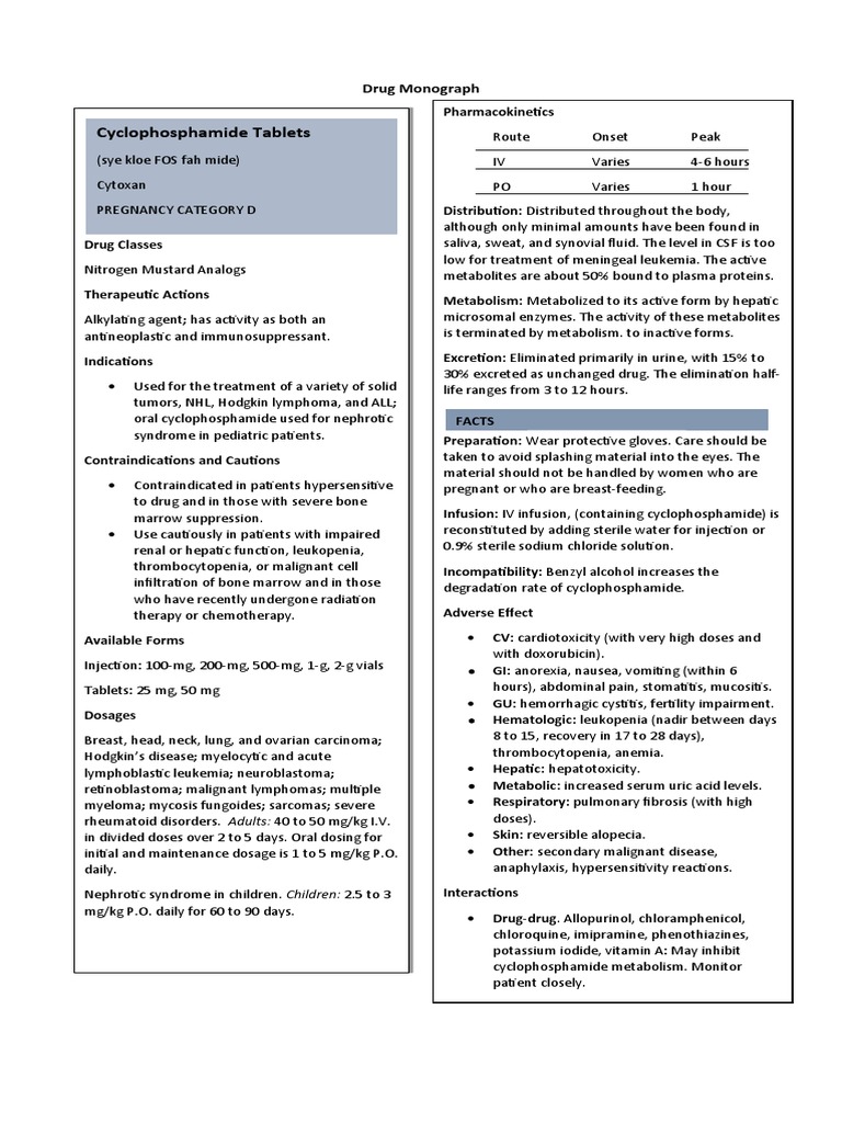 Cyclophosphamide Tablets: Drug Monograph | PDF | Medical Treatments | Drugs