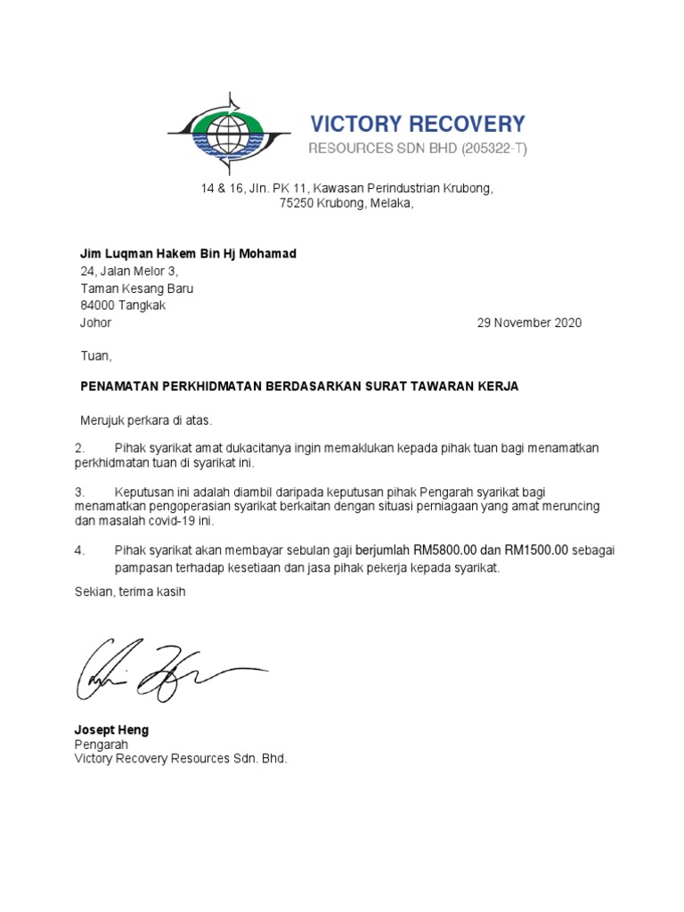 Surat Penamatan Perkhidmatan | PDF