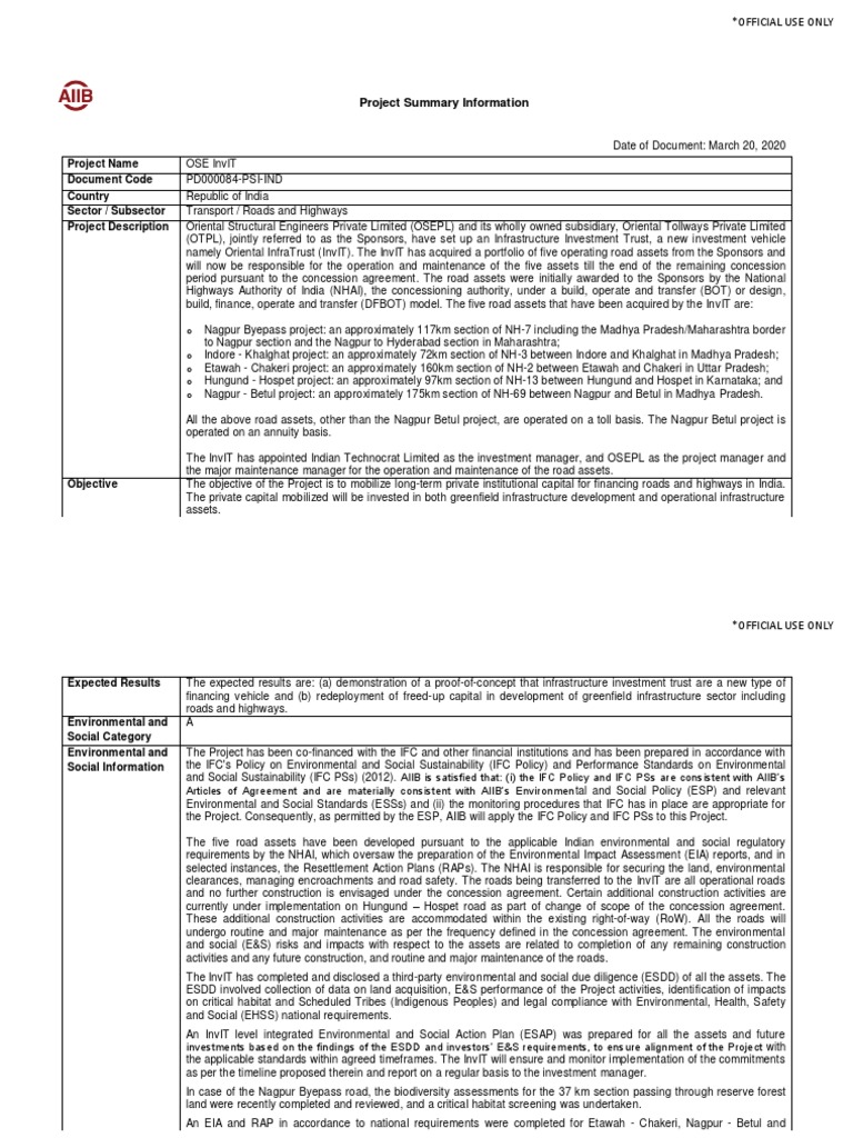 Project Summary Information: Project Name Document Code Country Sector ...