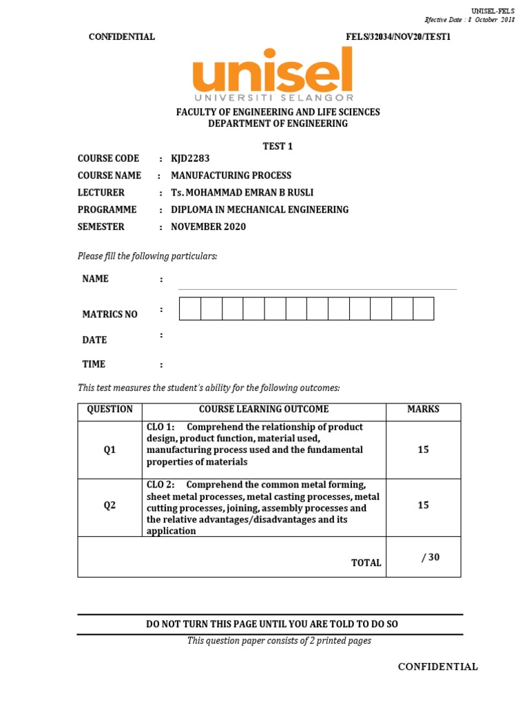 Test 1 Manufacturing Process KJD2283 32034 | PDF | Paper | Industrial ...