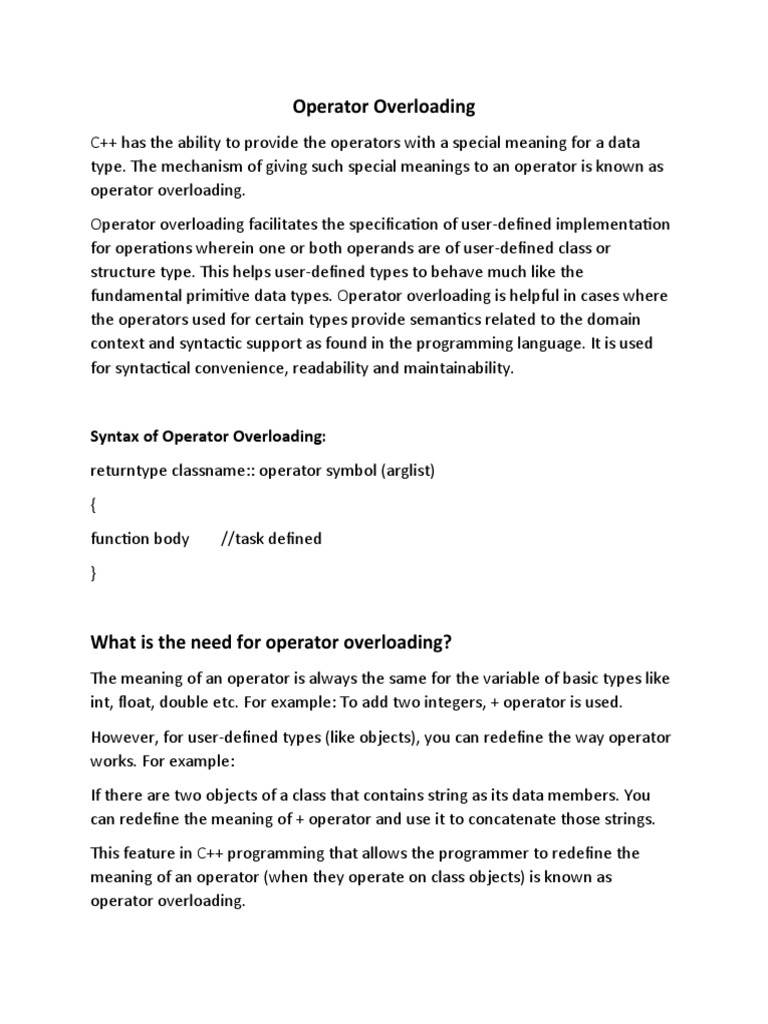 Operator Overloading | Download Free PDF | Subroutine | Computing Operator Overloading | Download Free PDF | Subroutine | Computing
