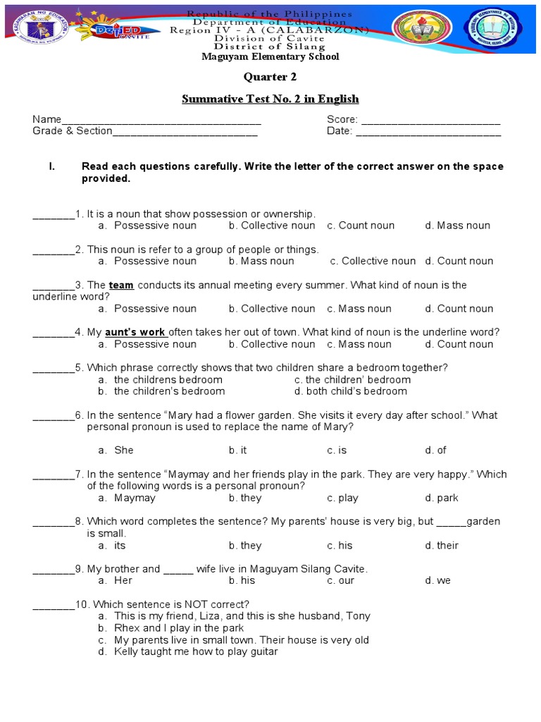 Summative No.2 - English IV With TOS and Key | PDF | Noun | English ...