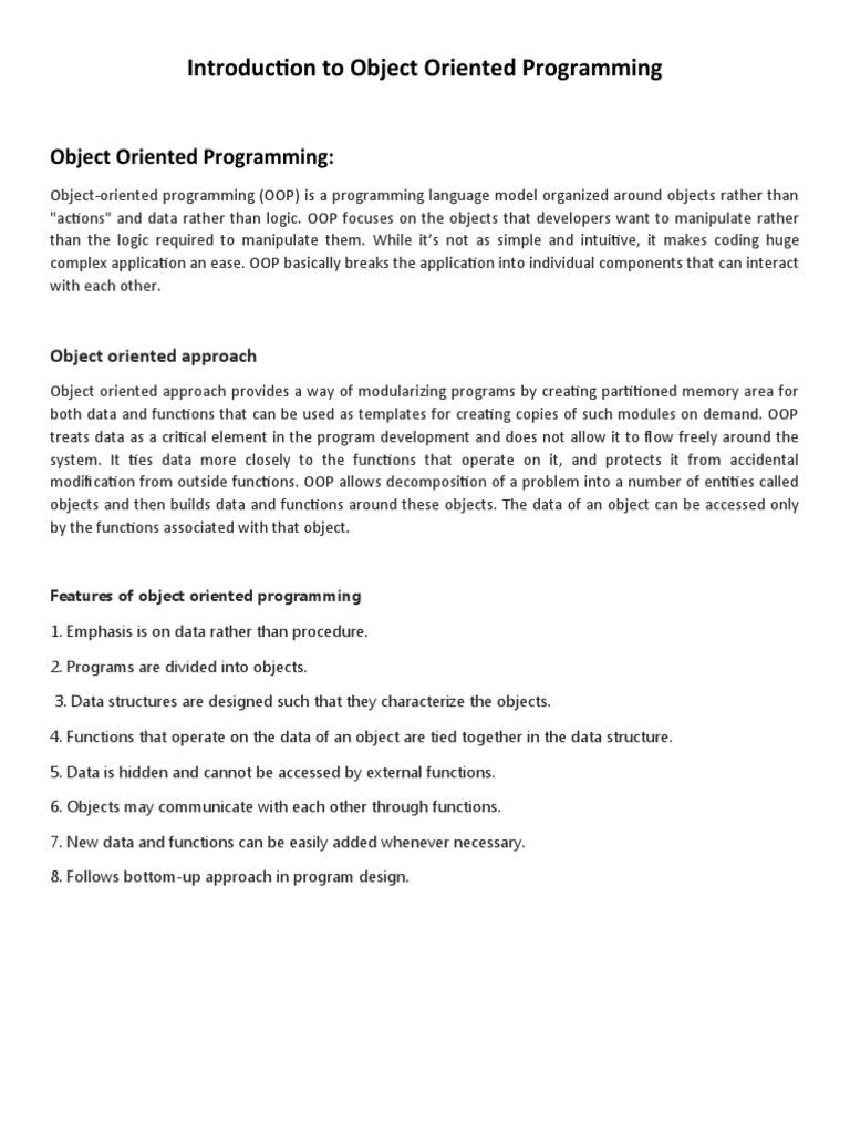 Chapter 1 Introduction To Object Oriented Programming | Download Free ...