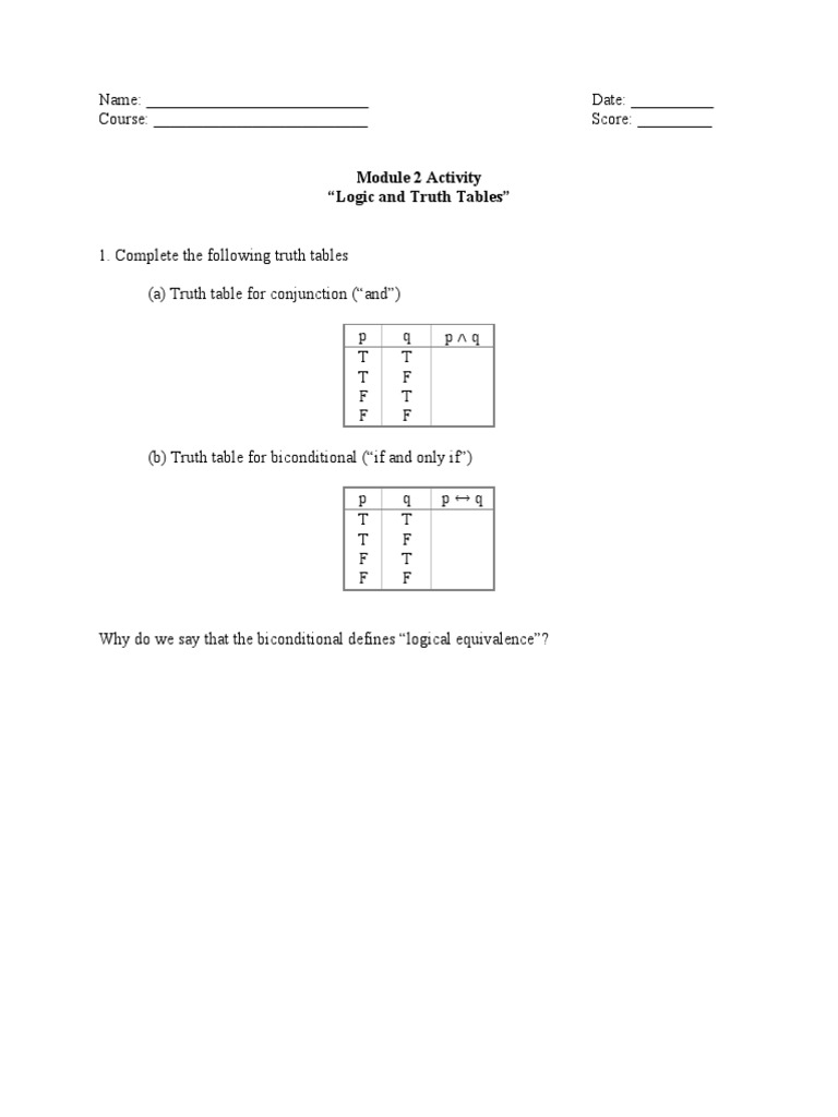 Module 2 Activity "Logic and Truth Tables" | PDF | Mathematical Logic ...