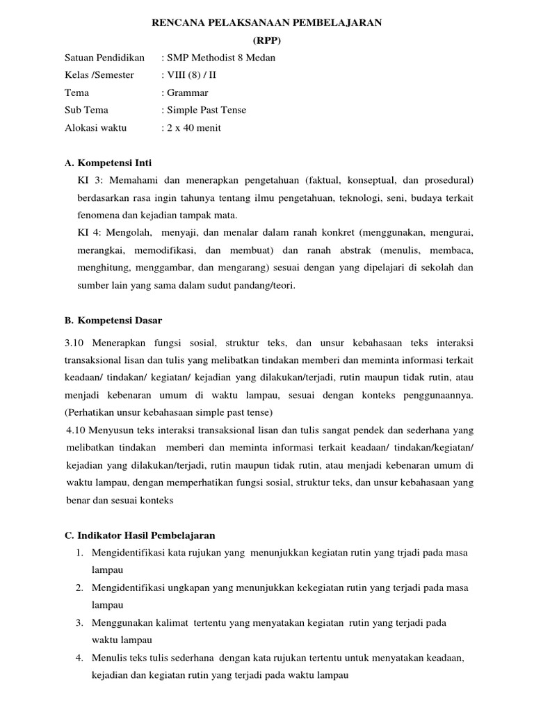 RPP Kls 8 Simple Past | PDF | Karier & Perkembangan