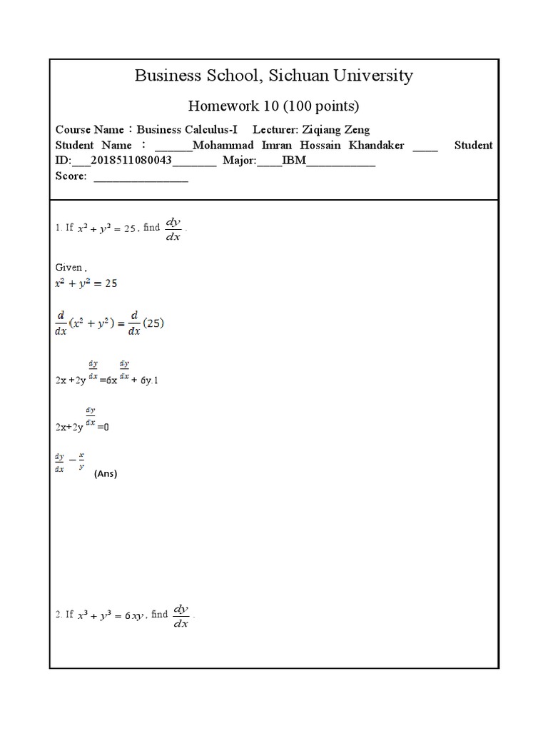 Business Calculus Homework Solutions | PDF