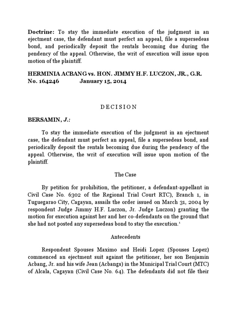 Ejectment Case Execution Stay Rules | PDF | Supersedeas Bond | Lawsuit