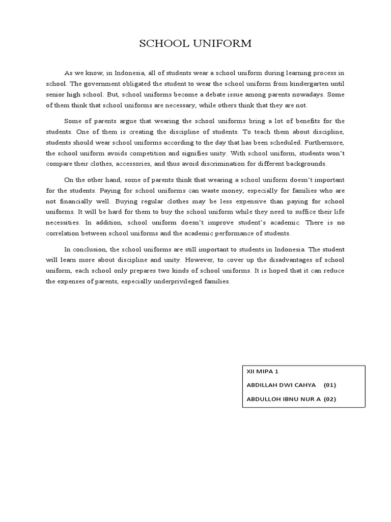 School Uniform - Discussion Text | PDF