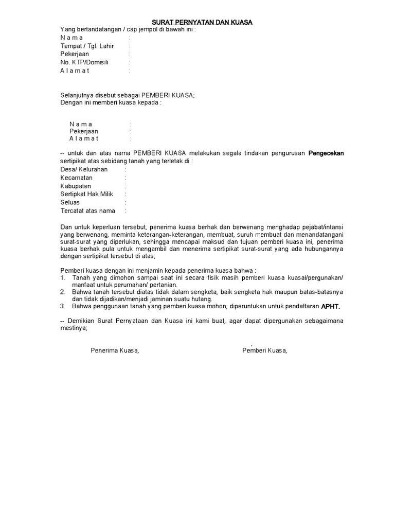 Surat Pernyataan Dan Kuasa APHT PENGECEKAN Contoh | PDF