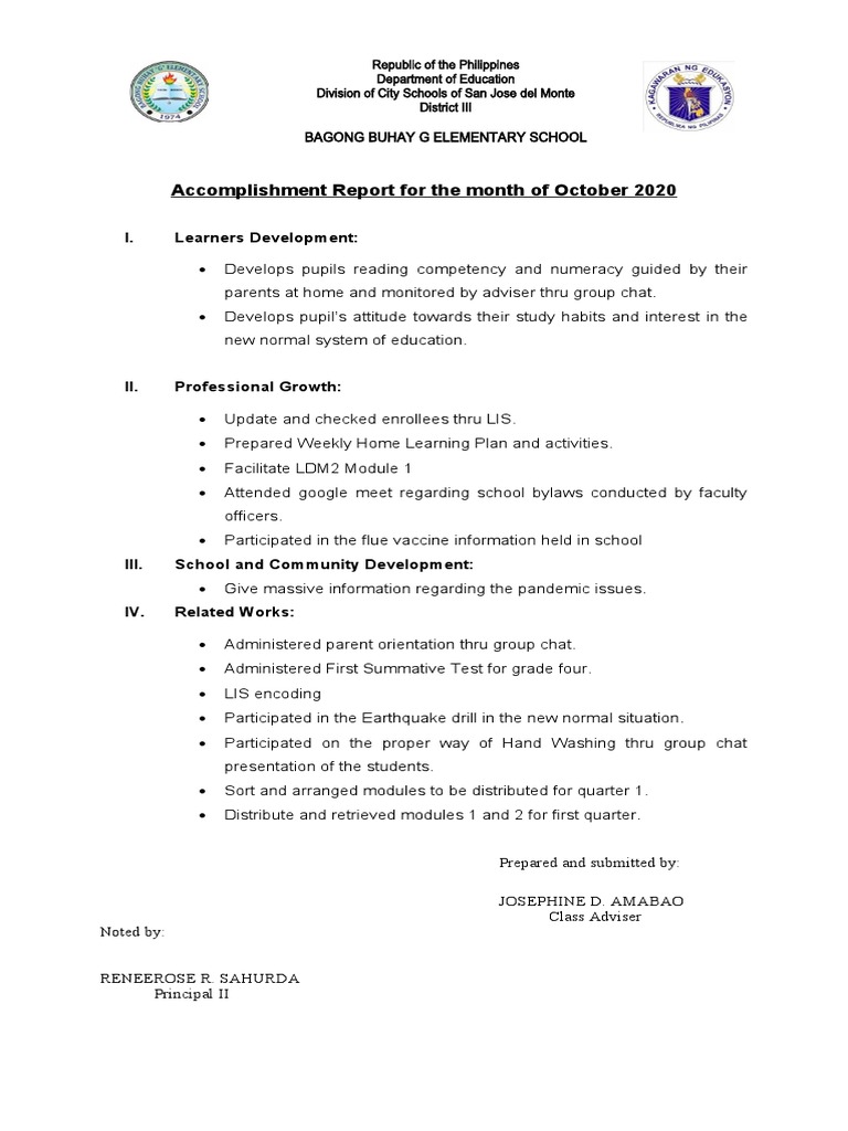 Accomplishment Report For The Month of October 2020 | PDF