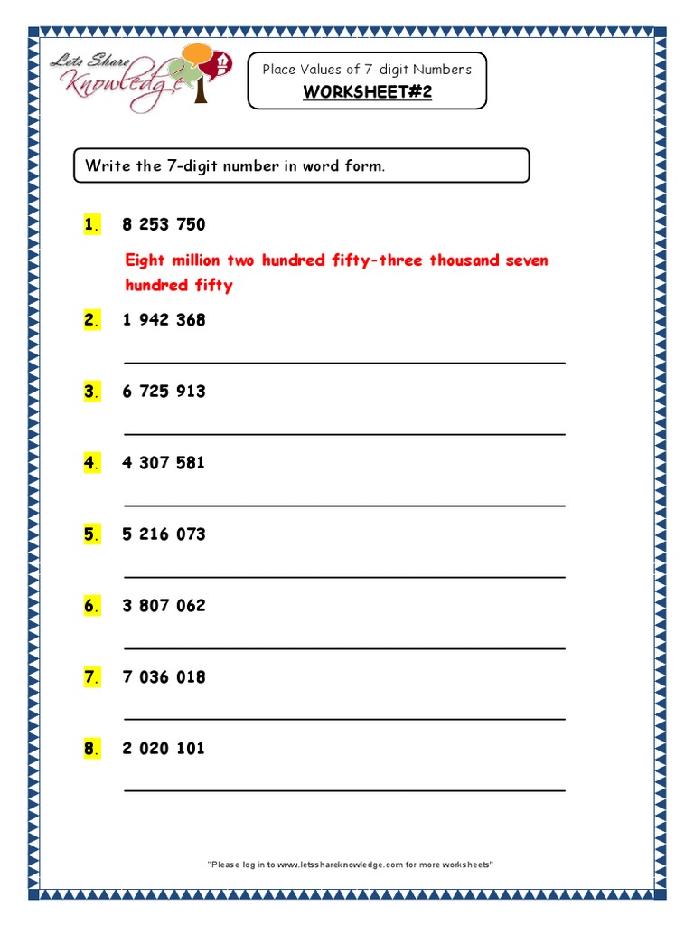 7-Digit Numbers in Words Worksheet | PDF