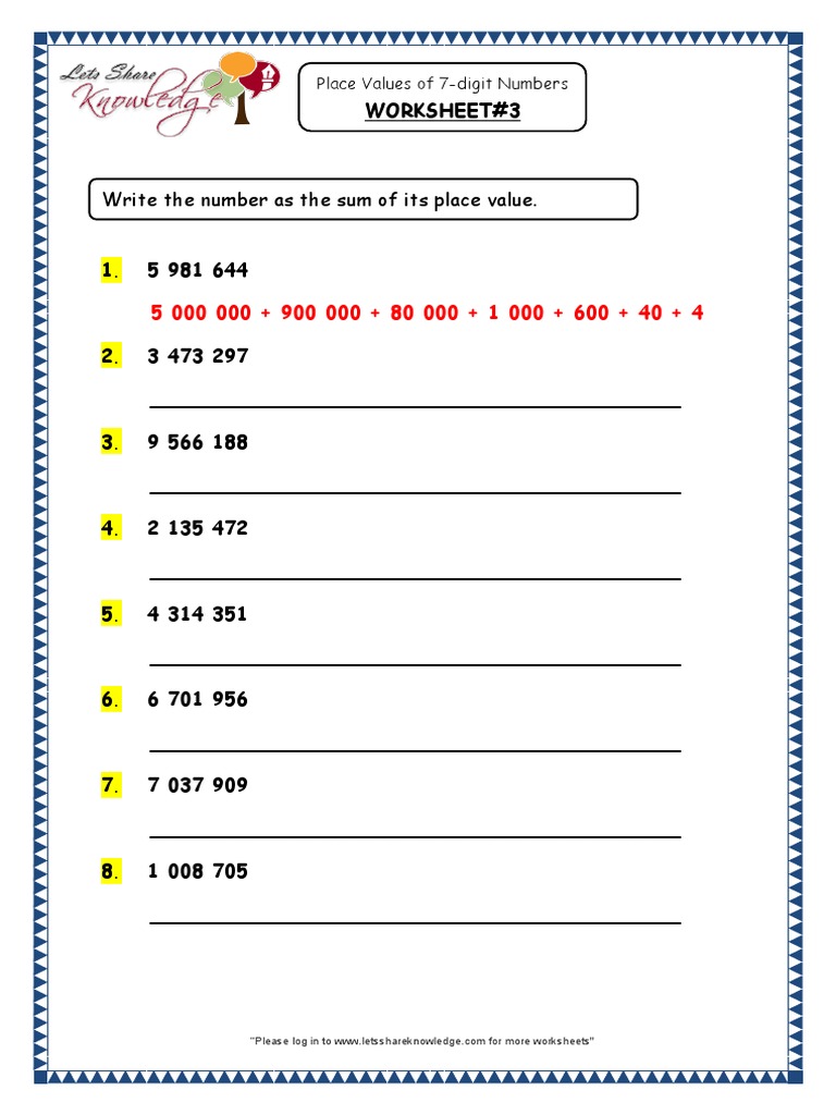 7 Digit Number Grade 5 Worksheets3 | PDF