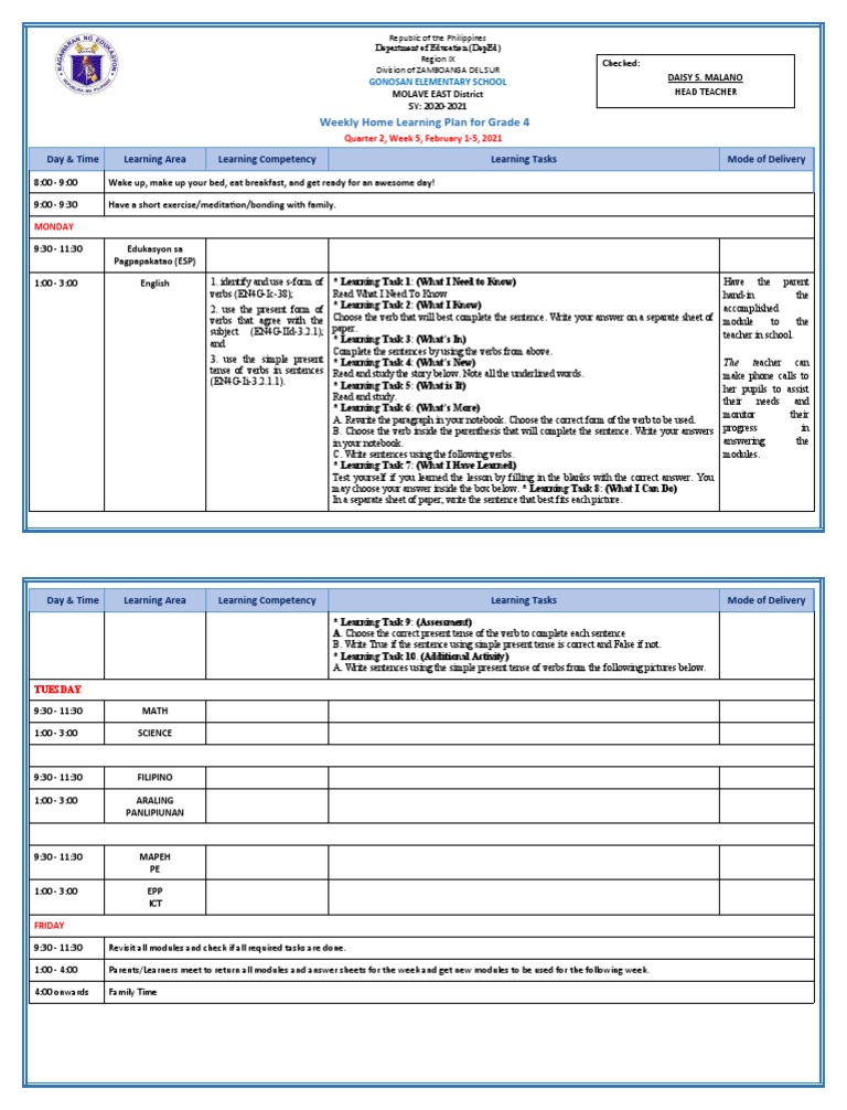 Weekly Home Learning Plan For Grade 4: Learning Area Learning ...