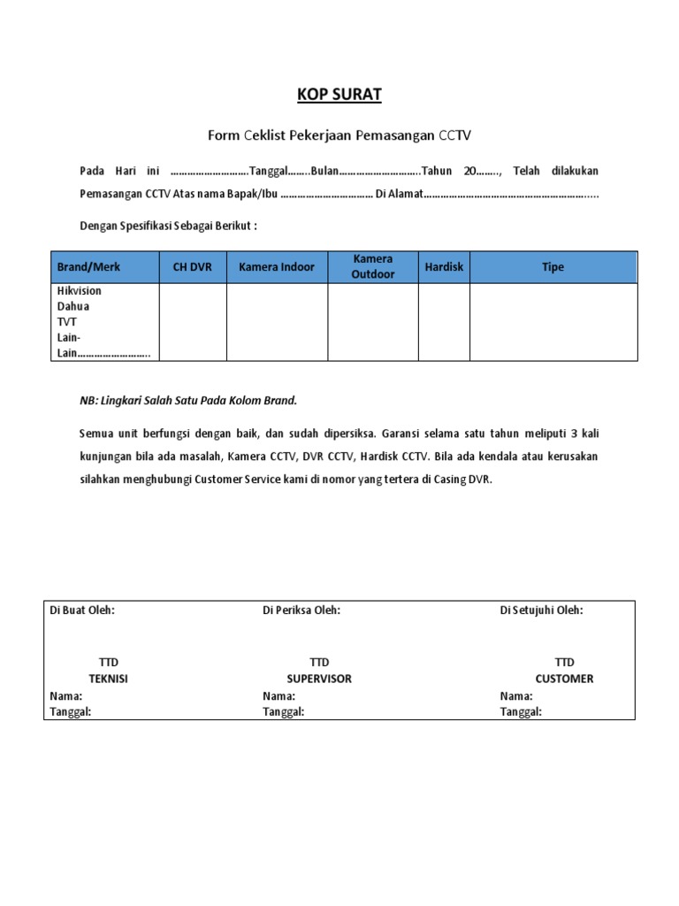 Form Ceklist Pemasangan | PDF