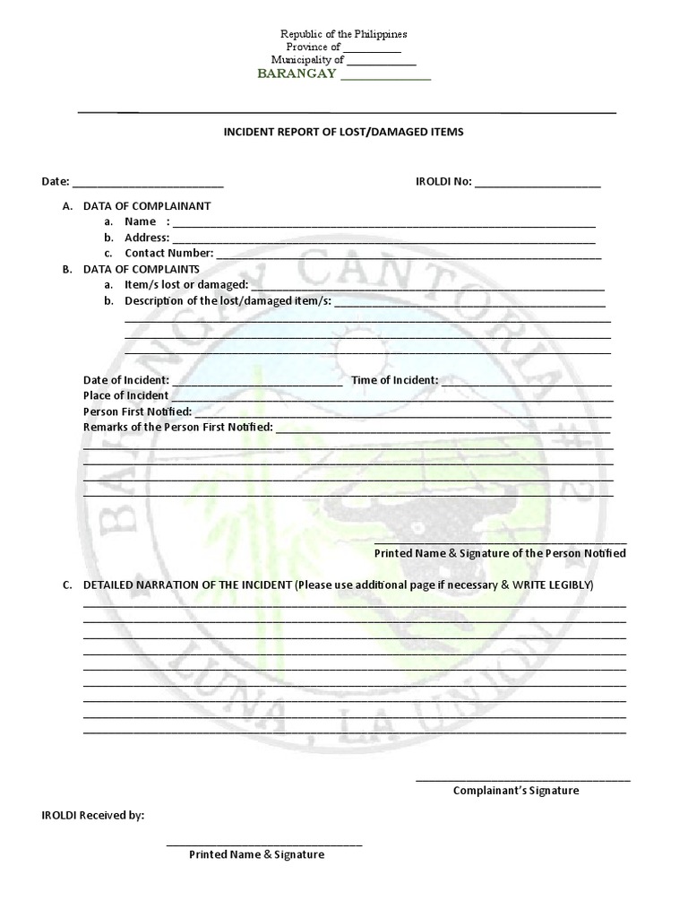 Lost/Damaged Item Incident Report Form | PDF | Business