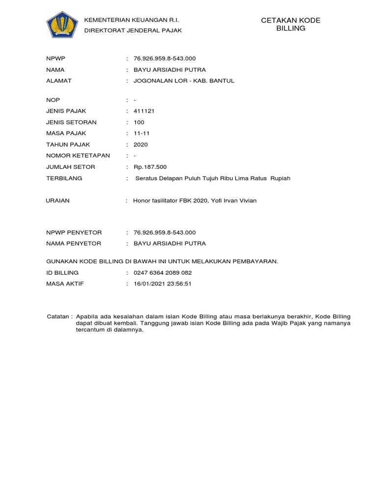 Pembayaran E-Billing Pajak 2020 | PDF