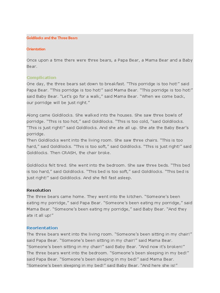 Goldilocks and the Three Bears Summary | PDF | Goldilocks And The Three ...