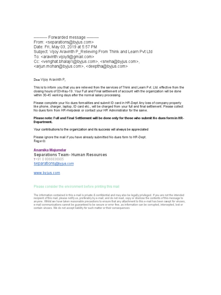 Byjus Seperation Letter | PDF