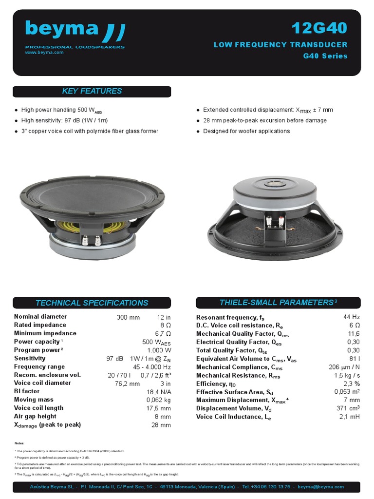 Beyma 12G40 Woofer Specs & Features | PDF | Inductor | Sound Technology