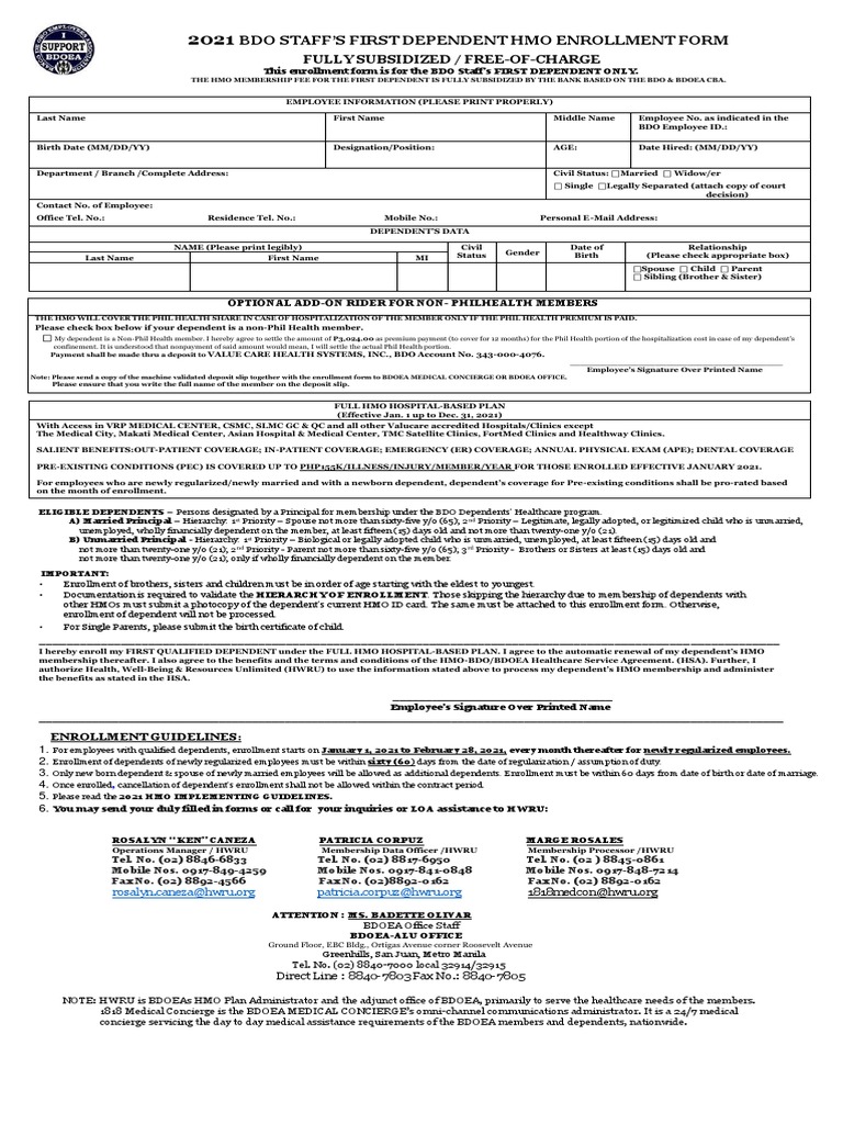Bdo 1ST Dep Form For Cy 2021 | PDF | Health Maintenance Organization ...