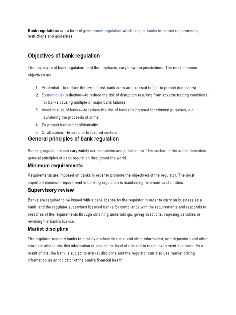 Objectives of Bank Regulation | Download Free PDF | Bank Regulation | Banks