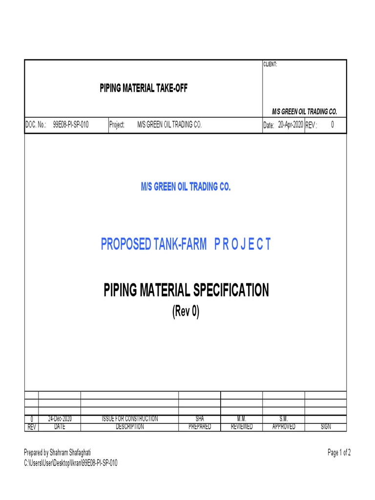 Piping Material Specification: Proposed Tank-Farm P R O J E C T | PDF