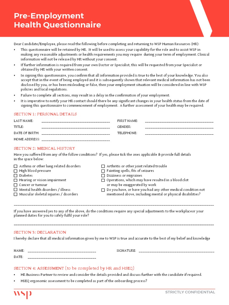 Pre Employment Health Questionnaire | Download Free PDF | Mental ...