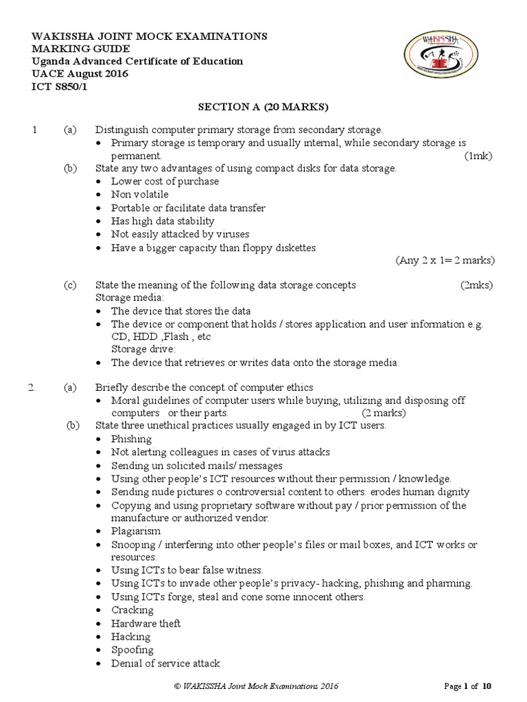 Wakissha Joint Mock Examinations Marking Guide Uganda Advanced Certificate of Education UACE ...