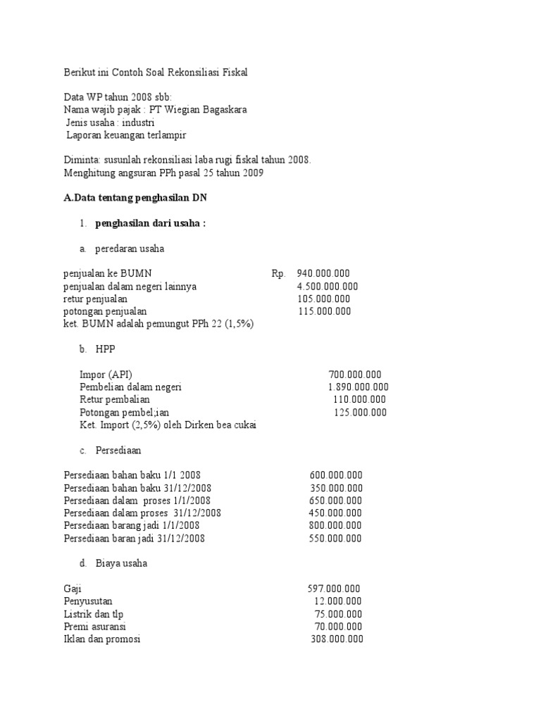 Berikut Ini Contoh Soal Rekonsiliasi Fiskal | PDF | Pengelolaan ...