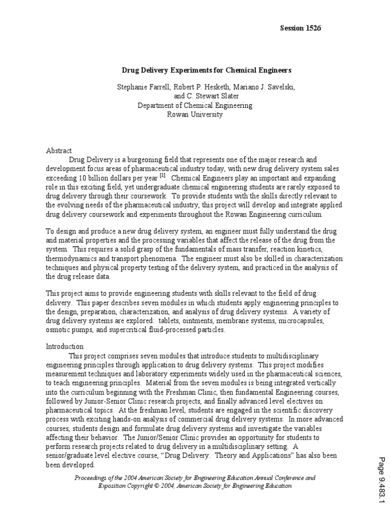 Drug Delivery Experiments For Chemical Engineers | PDF