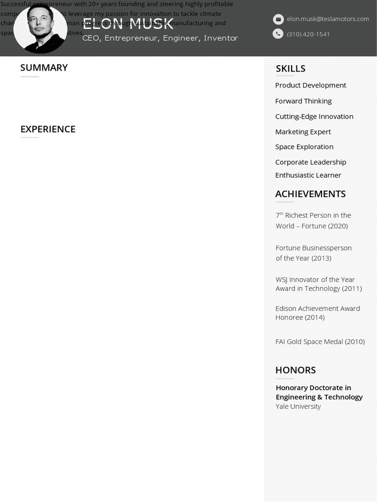 Elon-Musk-Resume 1 | PDF | Science And Technology | Business
