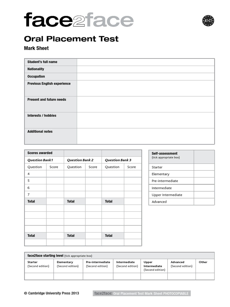 Face2face2 Oral Placement Test Mark Sheet | PDF