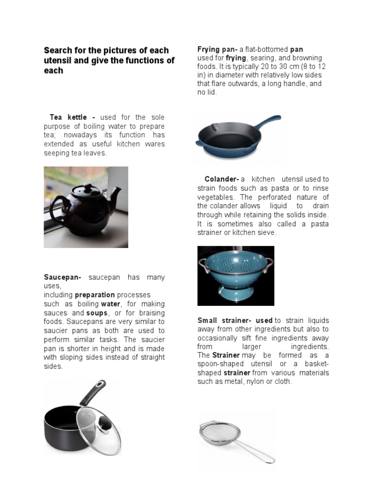 Search For The Pictures of Each Utensil and Give The Functions of Each ...