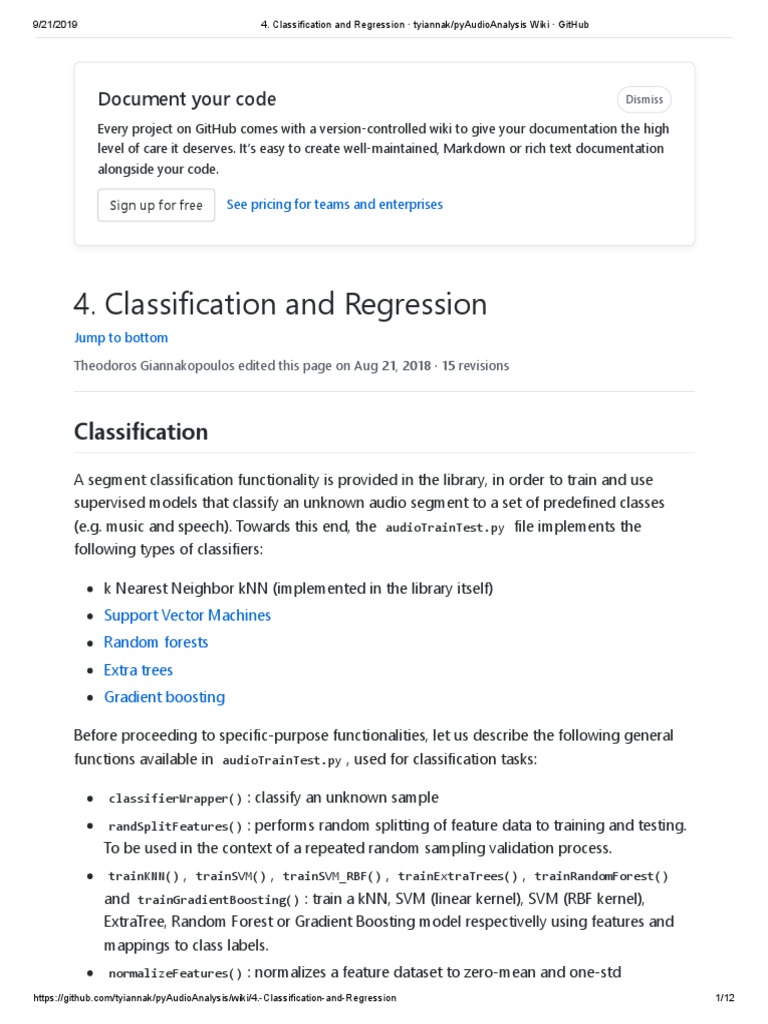Classification And Regression Tyiannak Pyaudioanalysis Wiki Github Pdf Statistical