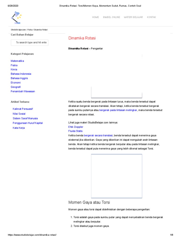 Dinamika Rotasi - Torsi - Momen Gaya, Momentum Sudut, Rumus, Contoh Soal | PDF